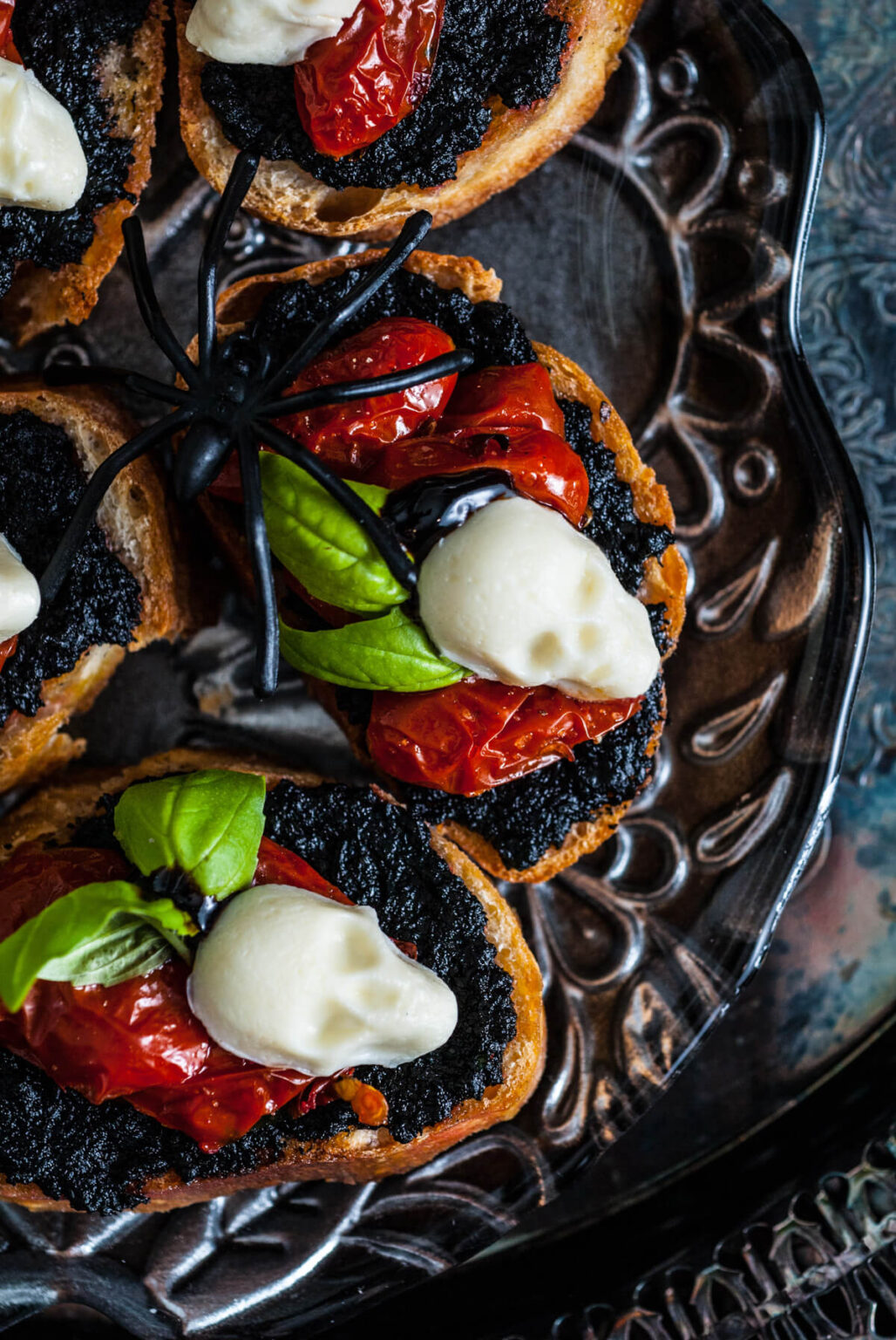 Spooky Skull Caprese Crostini - Dish 'n' the Kitchen